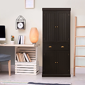 Huippy 72 inch Double Door Cupboard Freestanding Kitchen Pantry Cabinet with Four Adjustable Shelves and One Large Drawer for Kitchen Living Room Bedroom Hallway Home Office Storage (Espresso)