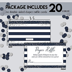 Beautiful Striped Navy & Silver Diaper Raffle Tickets for Boy Baby Showers, 20 2" X 3” Double Sided Insert Cards for Games by AmandaCreation, Bring a Pack of Diapers to Win Favors & Prizes!