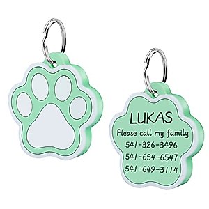 CAMAL 2 Pack Silent Dog Id Tags Personalized, Cute Paw Shape Custom Dog Tags, Durable Silicone Pet Tags for Dogs Up to 5 Lines of Custom Text, Double Sided Engraving