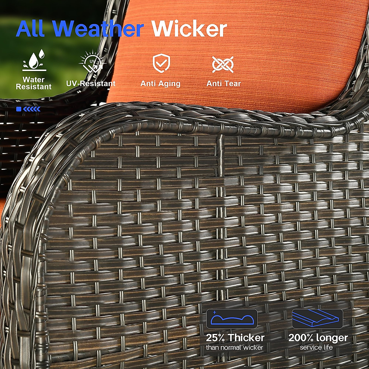 XIZZI Patio Furniture Sets Outdoor Swivel Rocking Chairs with 50,000 BTU Propane Fire Pit Table 7 Pieces All Weather PE Wicker Conversation Sofa and Matching Side Table,Brown Wicker Orange Red