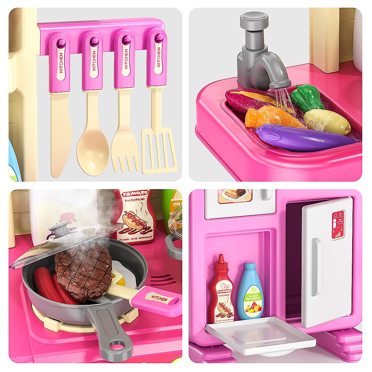 TEMI Kids Play Kitchen Playset - Pretend Play Kitchen Accessories for Toddlers 2-5 Years Old, Interactive Girls Toys Play with Lights and Sounds, Toddler Outdoor Playset Gifts for Boys