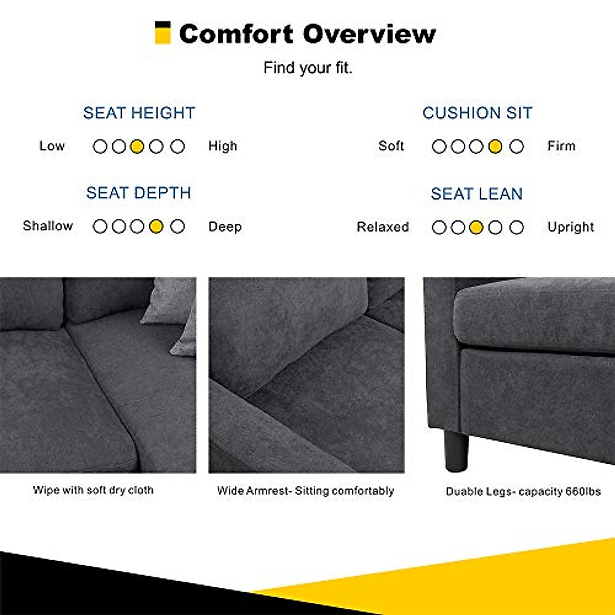 Walsunny Convertible Sectional Sofa Couch with Reversible Chaise, L-Shaped Couch with Modern Linen Fabric for Small Space (Dark Grey)