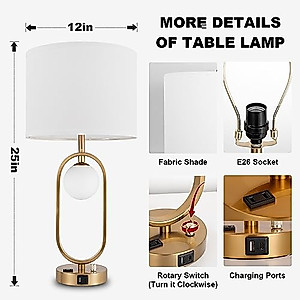 Thirdpolite Modern Table Lamps Set of 2, Touch Bedside Nightstand Lamps with USB Ports and AC Outlet, 3 Way Dimmable Desk Lamps with Fabric Shade for Bedroom, Living Room
