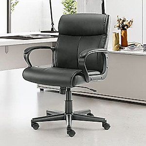 OLIXIS Office Desk Chair with Padded Armrests Executive Mid Back Lumbar Support and Adjustable Height & Tilt Angle PU Leather Swivel, Black