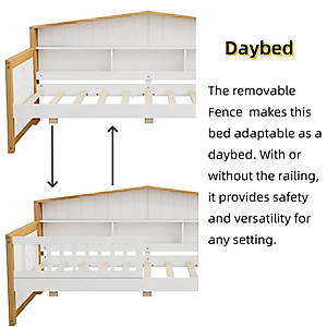 Merax Twin Size Bed Frames with 2 Storage Drawers and Bookcase Headboard, Montessori House Shape Daybed for Kids Girls Boys Teens, No Box Spring Needed