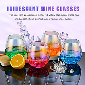 CUKBLESS Stemless Wine Glasses Set of 4, Iridescent Wine Glass for Red or White Wine, 15 OZ