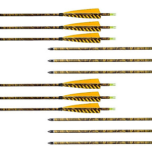 ARCHERY SHARLY 31Inch Carbon Arrow Practice Hunting Arrows for Recurve & Compound Bow with 5" Yellow Camo Turkey Feathers, Arrows with Removable Tips & replaceable nocks (Pack of 12)