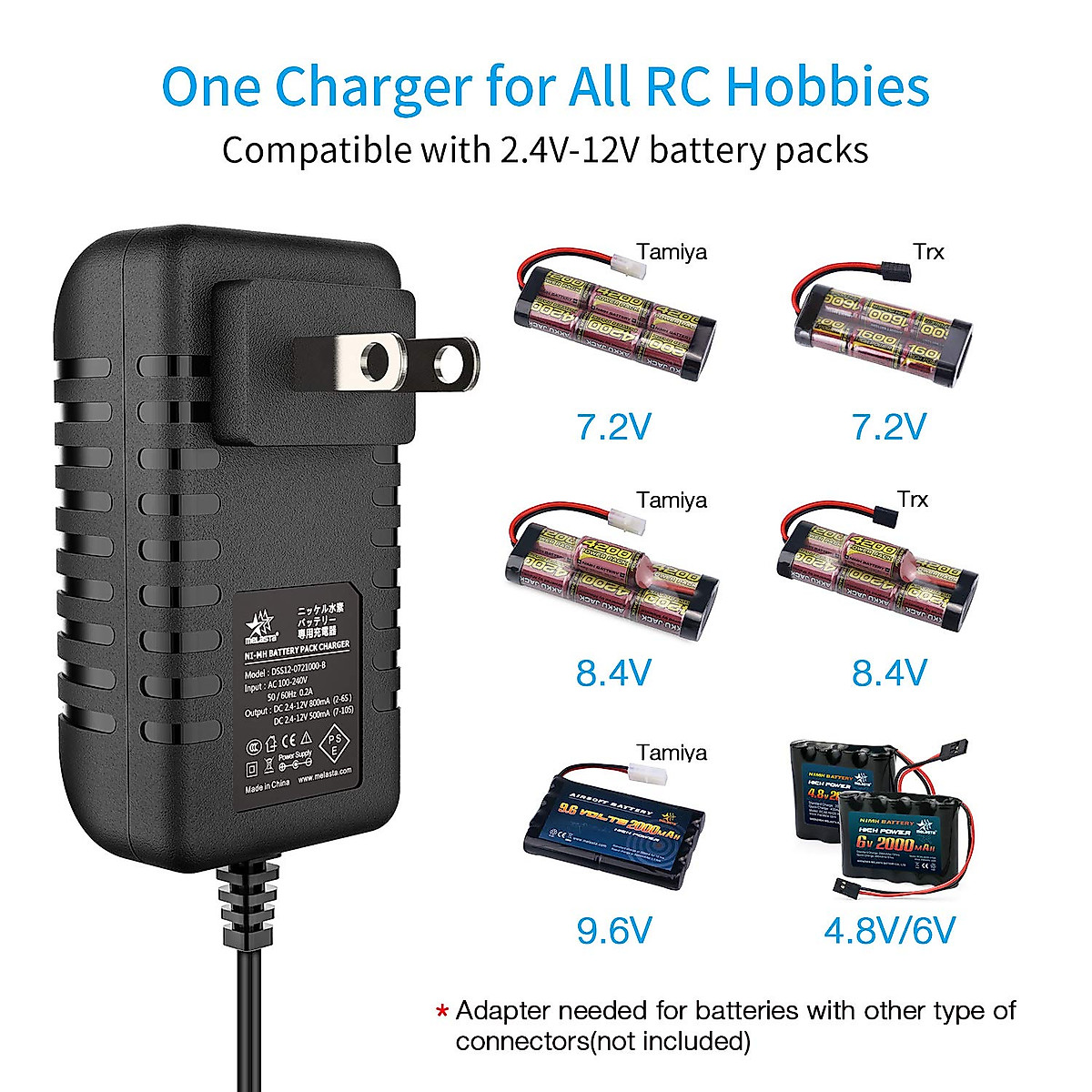 melasta 7.2V 8.4V 9.6V RC Battery Charger Compatible with Traxxas and Standard Tamiya 2.4V-12V(2S-10S) NiMH NiCd RC Car/Airsoft Battery Pack
