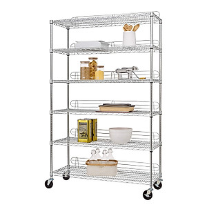 TRINITY EcoStorage Heavy Duty 6-Tier Adjustable Wire Shelving with Wheels and Backstands for Kitchen Organization, Garage Shelving, NSF Certified, 48” W x 18” D x 72-77” H, 800-4800 lb Capacity Chrome
