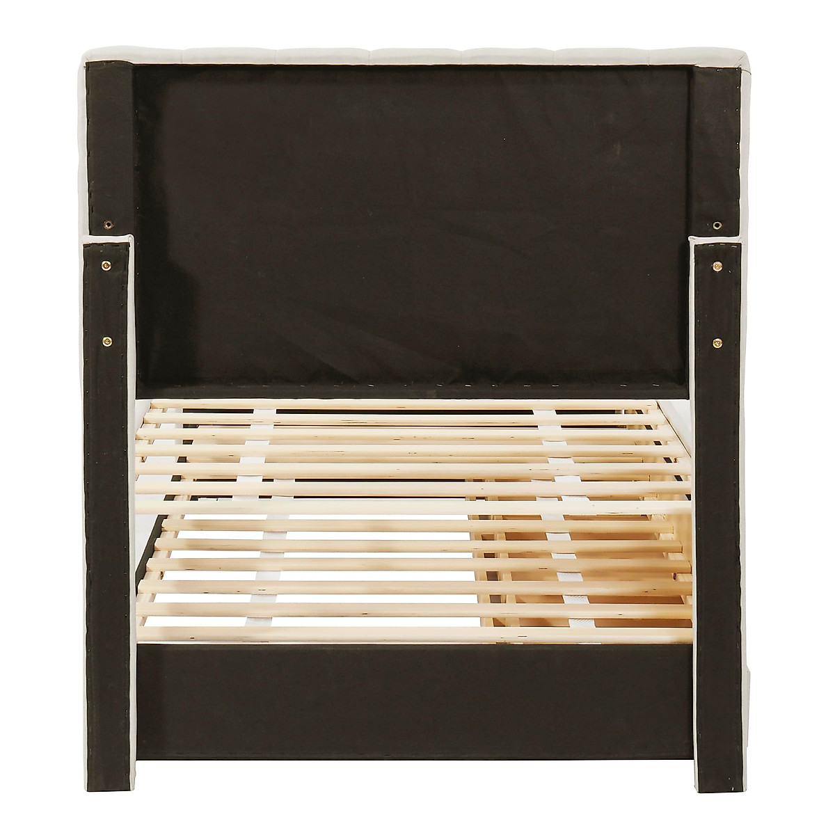 GJHOME Upholstered Platform Bed, Twin Size Wooden Bed Frame with Pull-Out Twin Size Trundle and 3 Drawers, Wood Slat Support, No Box Spring Needed, Linen Fabric, Beige