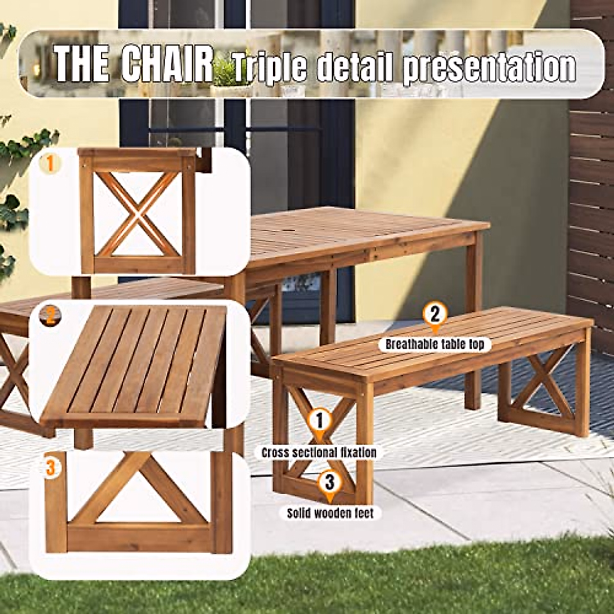 PayLessHere 3 Piece Acacia Wood Outdoor Dining Table and Bench Set Patio Bench Dining Table Outdoor Wooden Table & Bench Set for Backyard,Patio,Garden Outdoor Lounge Furniture,Nature