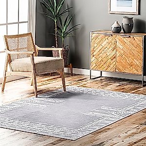 nuLOOM Joelle Machine Washable Tribal Geometric Border Ultra Thin Area Rug, 8' x 10', Light Grey