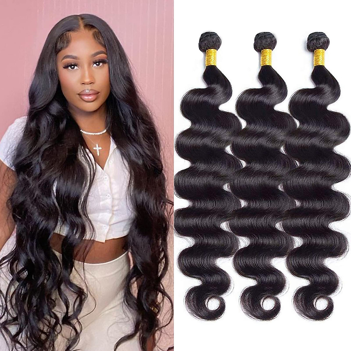 Mrladgo 26 28 30 Inch Human Hair Bundles Body Wave 3 Bundles 100% Unprocessed Brazilian Hair Weave Bundles Body Wave Human Hair Bundles Natural Black Color 300G