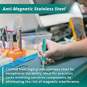 Excelta Stainless Steel Tweezers, 5.25" Straight Tapered Flat Point, Anti-Static Cushioned Grip for SMD, Electronics & Lab Use, Professional