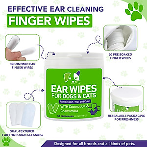 Pet Ear Wipes for Dogs and Cats - Dog Ear Cleaner Wipes, Cleaning and Deodorizing - Remove Debris & Wax, Improve Ear Itching, and Infections - 50 Count Finger Wipes