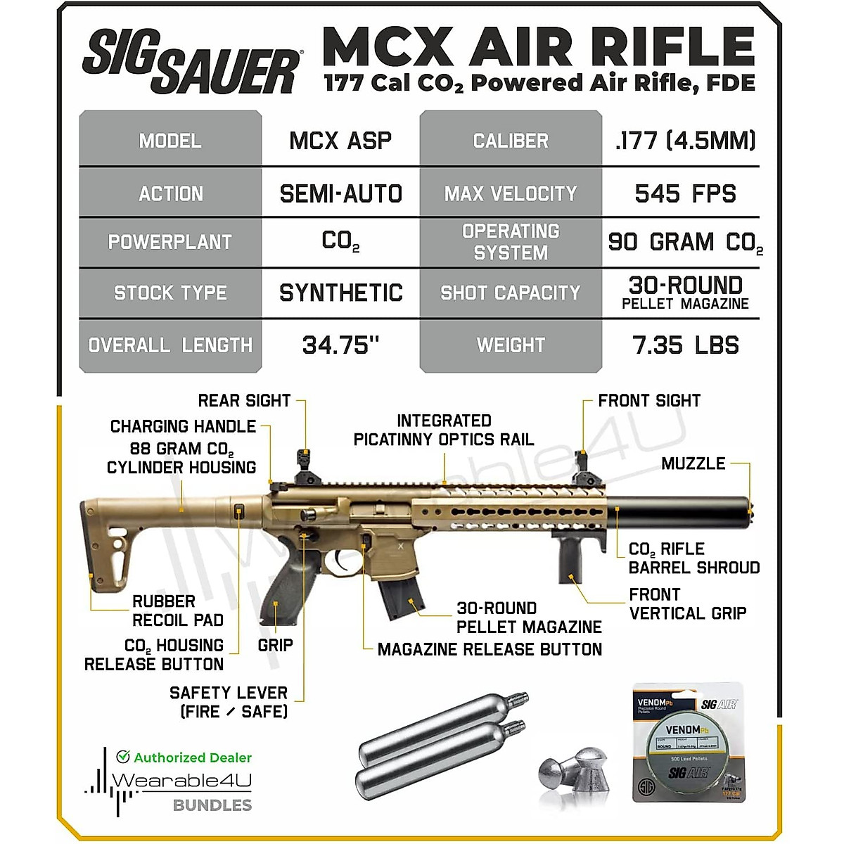 Sіg Sauer MCX .177 Cal CO2 FDE Air Rifle with Wearable4U CO2 90 Gram (2 Pack) and 500x Pellets Bundle