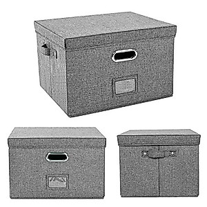 JSungo File Box with 5 Hanging Filing Folders, Document Organizer Storage for Office, Collapsible Linen Storage Box with Lids, Home Portable Storage with Handle, Letter Size Legal Folder, Grey