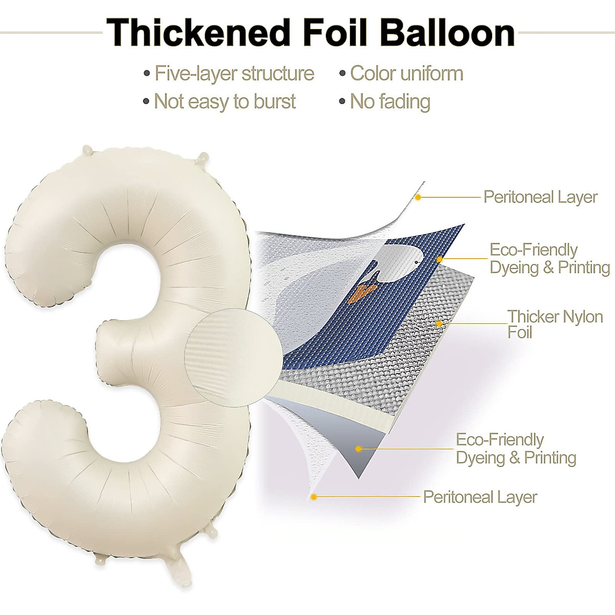 3 Balloon, Number 3 Balloon, 3 Balloon Number 40 Inch, Sand White Large Big Foil Number Balloons for Birthday Party Graduation Wedding Anniversary Baby Shower Bachelorette Decoration Supplies