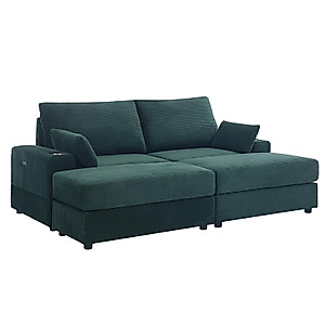 KIVENJAJA 82.7” Corduroy Sectional Couch, Double Chaise Lounge Sofa, Deep Seat Oversized Loveseat with Ottomans, Cup Holder & USB Port for Living Room Apartment Small Space, Green