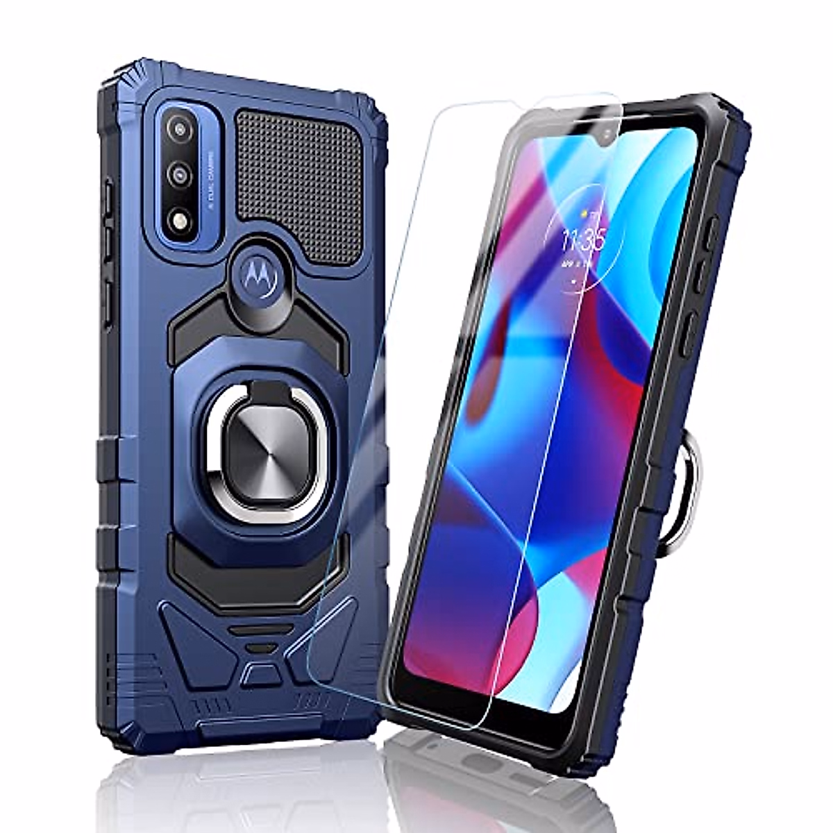 for Motorola Moto G Pure Case: with Tempered Screen Protector & Built in 360° Adjustable Ring Kickstand Shockproof Protection TPU Bumper Armor Design Phone Cover for Moto G Pure - Blue