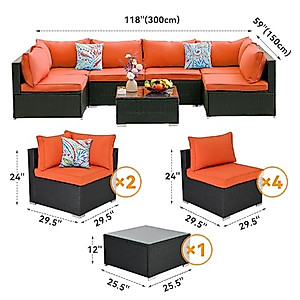 ESSENTIAL LOUNGER Outdoor Patio Furniture Set 7 Pieces Wicker Patio Conversation Set Outside Sectional Furniture Set Rattan Patio Sofa with Tempered Glass Table, Cushions & Pillows -Black,Orange