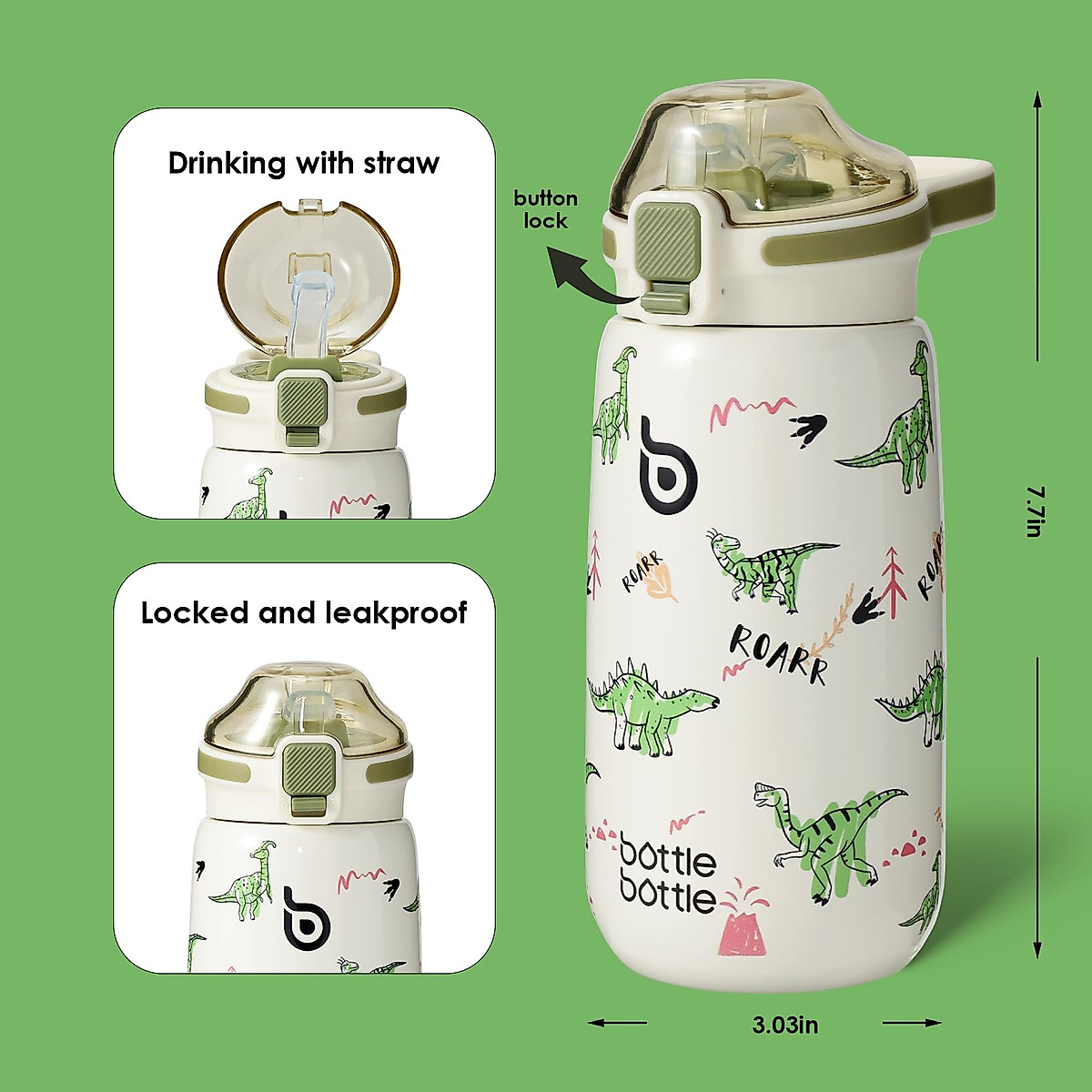 BOTTLE BOTTLE Kids Water Bottle with Straw Lid 16 oz Stainless Steel Reusable Tumbler Water Bottles Kids for School Travel,Gifts for Boys and Girls Dinosaur