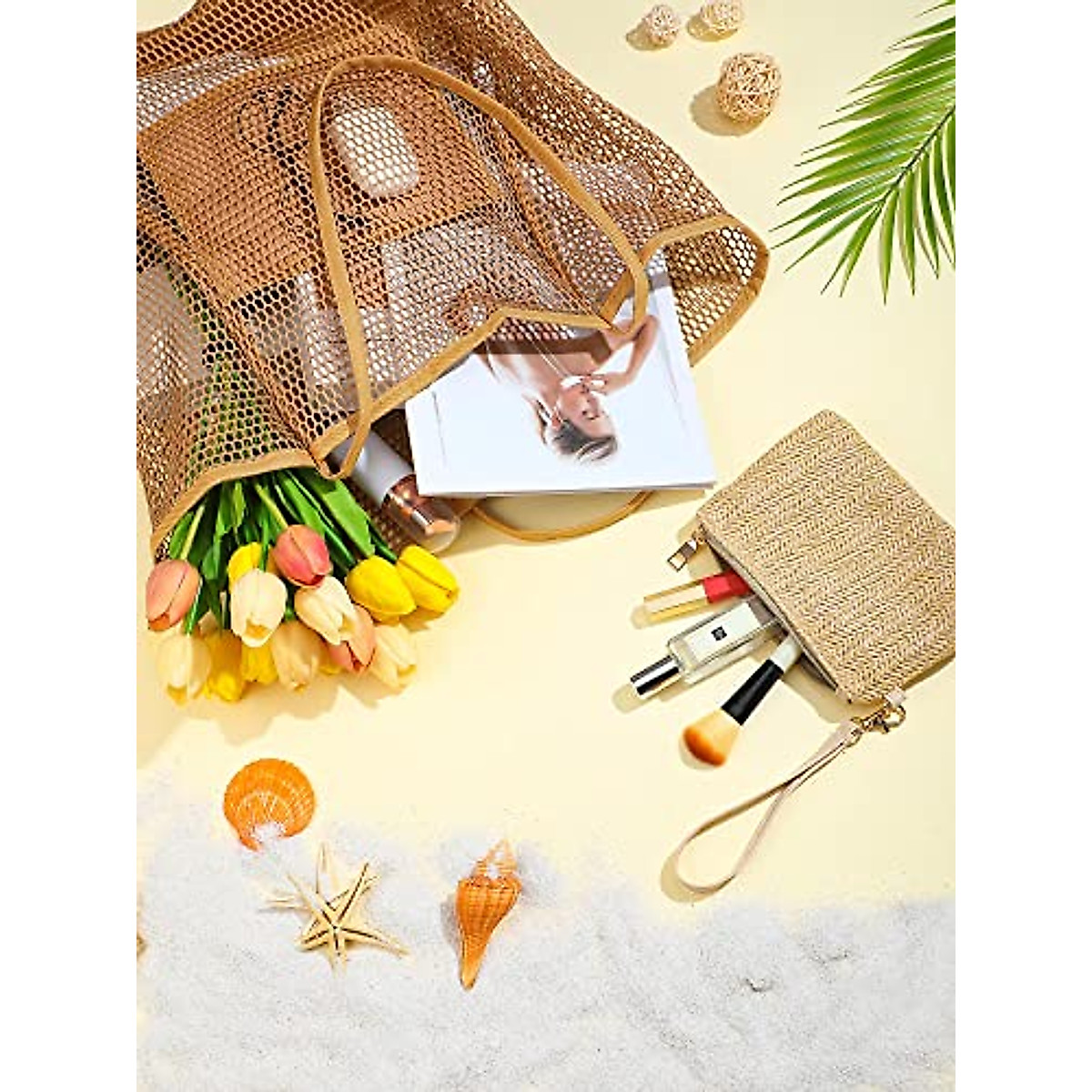 4 Pcs Summer Beach Tote Casual Foldable Mesh Tote Bag Shoulder Handbags Woven Straw Purse Bohemian Wristlet Purses for Women Zipper Wristlet Wallets Straw Clutch Bag for Girls Picnic Vacation