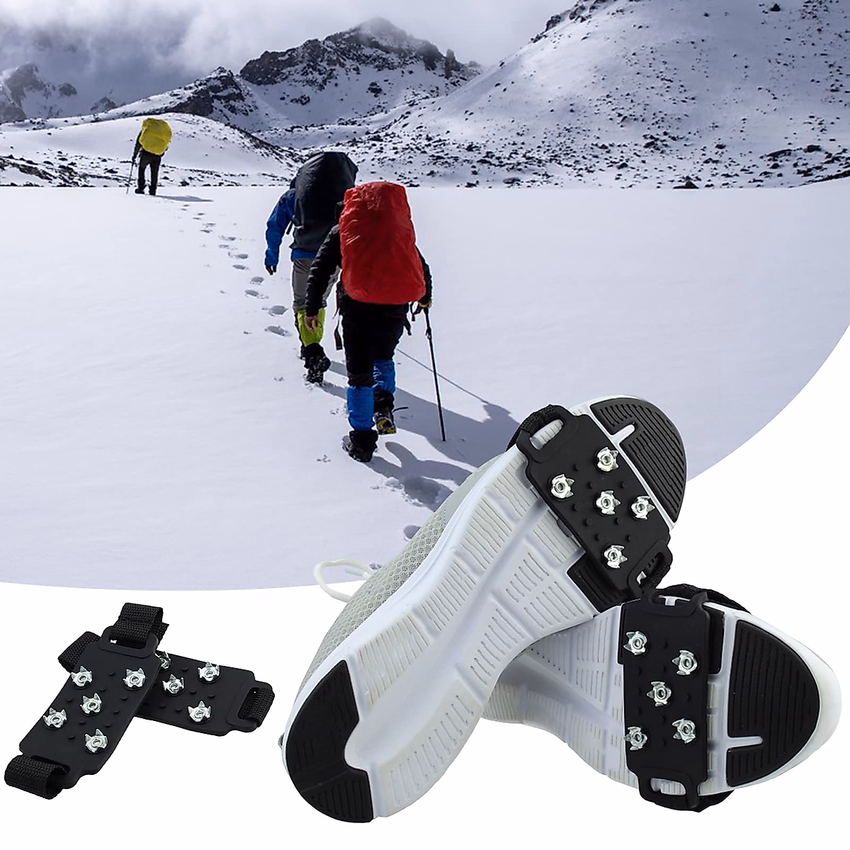 Snow Traction Cleats, Ice Cleats Crampons Traction Snow Grips for Boots Shoes, Non-Slip Outdoor Sports Shoe Crampons Ice Grip for Ice Snow, Winter Hiking Climbing Ice Fishing Black