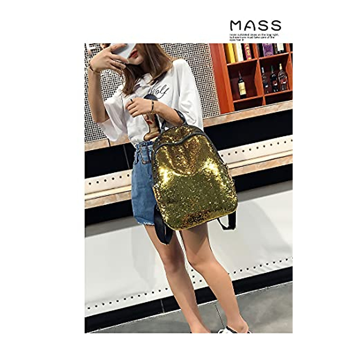 GANYGLE Sequin bag leisure travel backpack campus student schoolbag Holographic bag (Yellow)