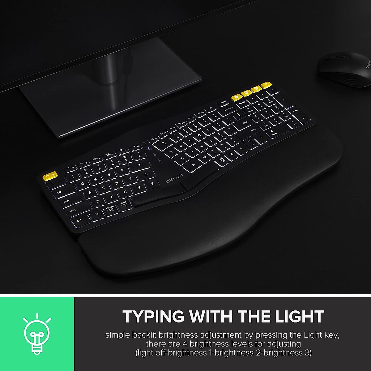 DeLUX Upgraded Ergonomic Wireless Ergo Split Keyboard with Backlit, 2.4G and Bluetooth, Scissor Switch and Palm Rest for Natural Typing, Compatible with Windows and Mac OS (GM902Pro-Black)