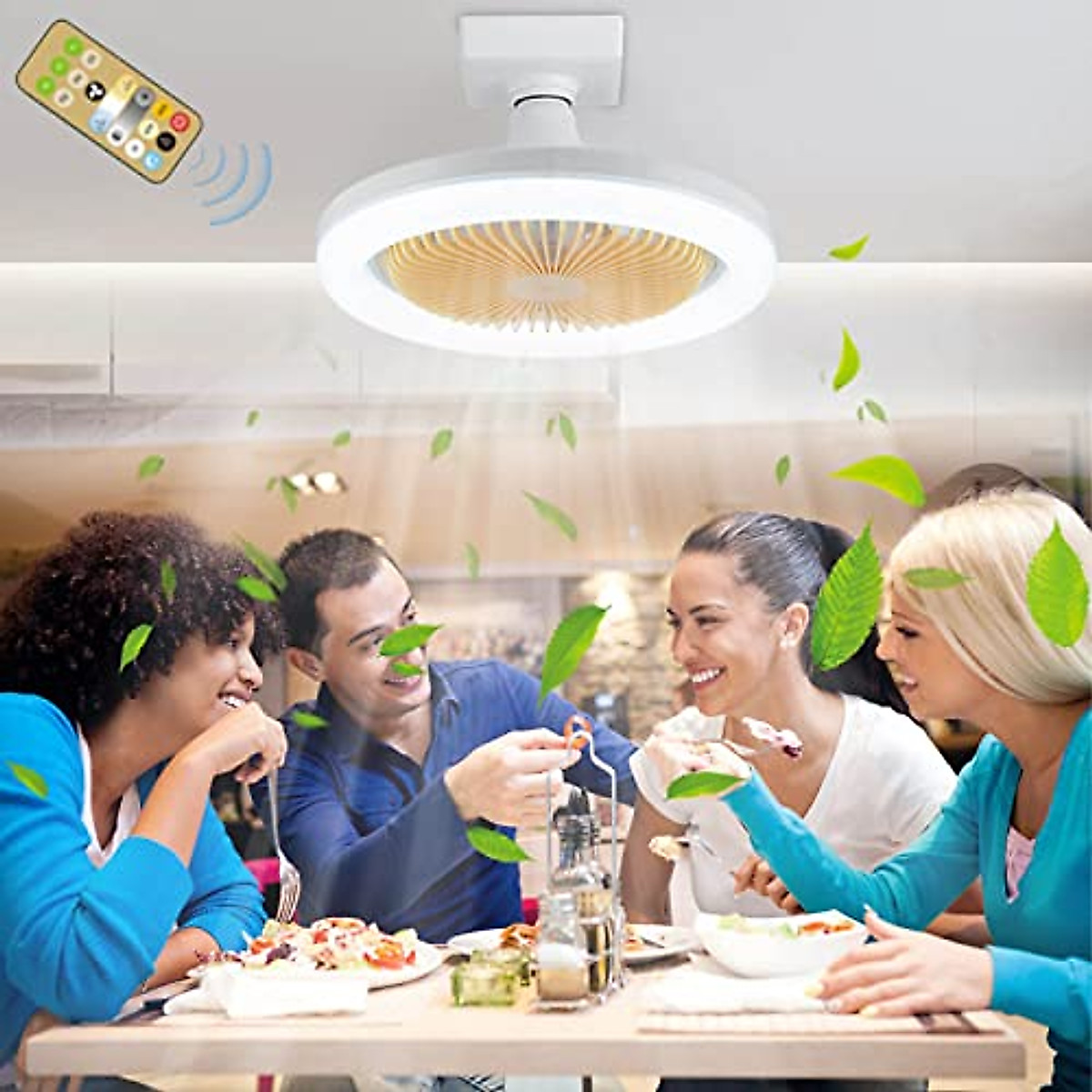 Modern Ceiling Fan with Lights, 10 inches Enclosed Bladeless Ceiling Fan with Remote Control, Flush Mount Low Profile LED Ceiling Fan Light with 3 Colors Dimmable, Smart Timer, Suitable for E27 Base