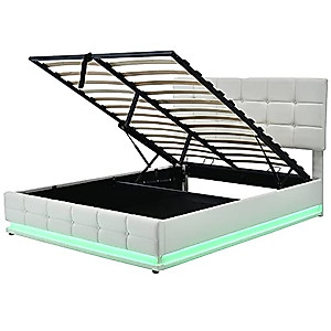 Bellemave Queen Lift Storage Bed with LED Lights and USB Charger, PU Upholstered Queen Platform Bed with Hydraulic Storage System for Kids Teens and Adults, No Box Spring Needed (Queen, White)