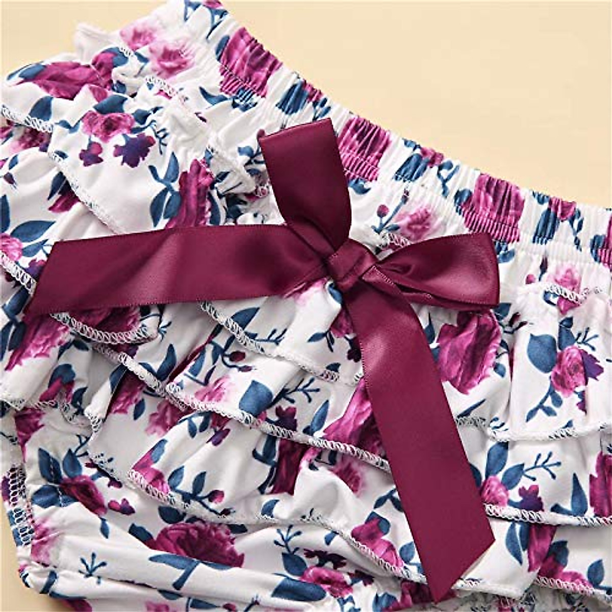 CETEPY Baby Girl Clothes Newborn Summer Outfits Infant 3Pcs Floral Pants + Short Ruffle Romper Playsuit + Headband Wine Red 0-3 Months 70cm