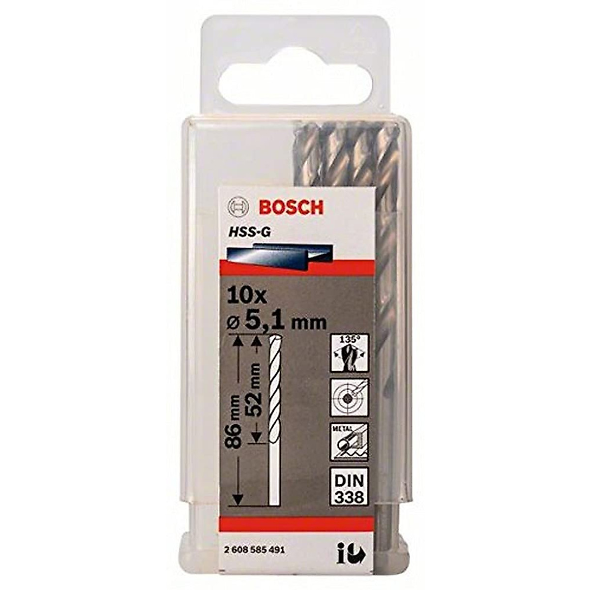 Bosch 2608585491 Metal Drill Bit Hss-G 5, 1mmx52mmx3.39In 10 Pcs