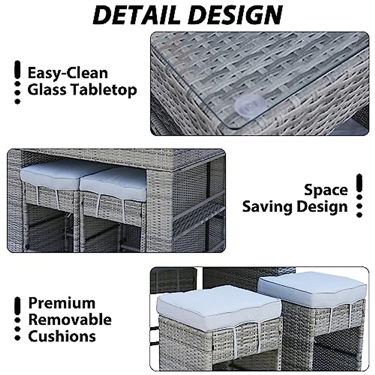 5 Pieces Outdoor Bar Set, Outside Patio Wicker Furniture Set with 4 Cushions Stools and 4 Tier Storage Shelf, Rattan Bar Height Table and Chairs for Garden, Porches, Backyard, Indoor, Pool Deck (Gray)