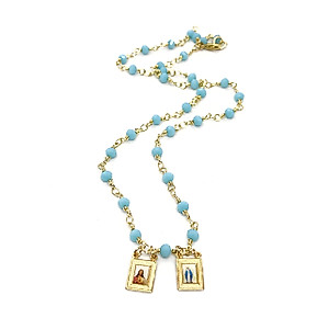 LESLIE BOULES Blue Ligth Beads Scapular Necklace for Women Hand-Craft Religious Jewelry