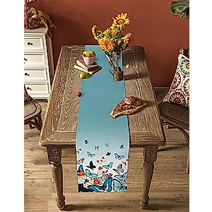 Lsrtoss Teal Ombre Table Runner 72 Inches Long Farmhouse Dress Scarves, Blue Orange Butterfly Modern Abstract Art Dining Tablerunner for Coffee Table/Kitchen Island/Party Décor, 18" x 72"