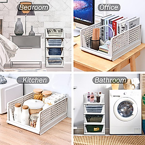 Hotwheel Stackable Plastic Storage Basket, Bins Set of 4, Foldable Closet Bins, Organizers and, natural