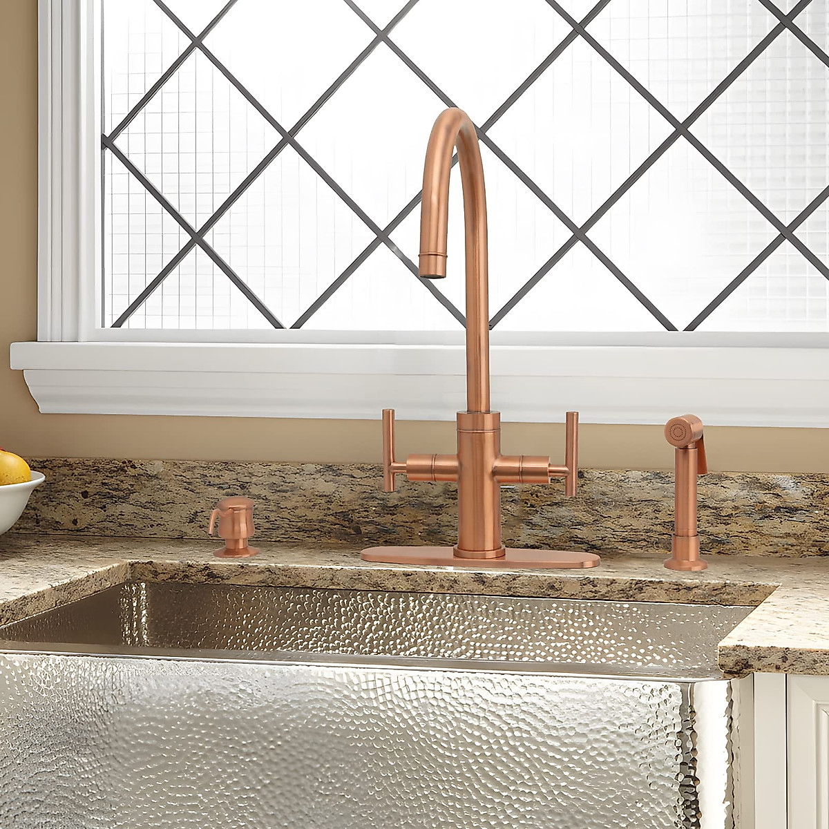Two-Handle Widespread Kitchen Faucet with Side Sprayer (Copper)
