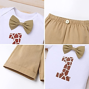 Cake Smash Outfit Boy 1st First Birthday Baby Jungle Theme Wild One Bow Tie Romper+Shorts+Y-Back Suspenders 3PCS Wedding Baptism Gentleman Formal Party Clothes Photo Props Khaki 12 Months