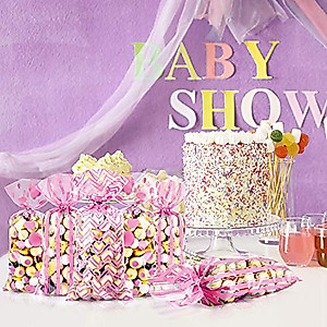 105 PCS Baby Shower Cellophane Treat Bags, Gender Reveal Candy Bag Polka Dot Stripes Printed Plastic Goodie Favor Bags with 100 Silver Twist Ties for Christmas Birthday Party Decor(Light Pink)