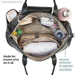 TWELVElittle Peek A Boo Vegan Leather Satchel Diaperbag - Baby Bag with Wipes Pouch, Stroller clips and Diaper Changing Mat, Black, Vegan Leather