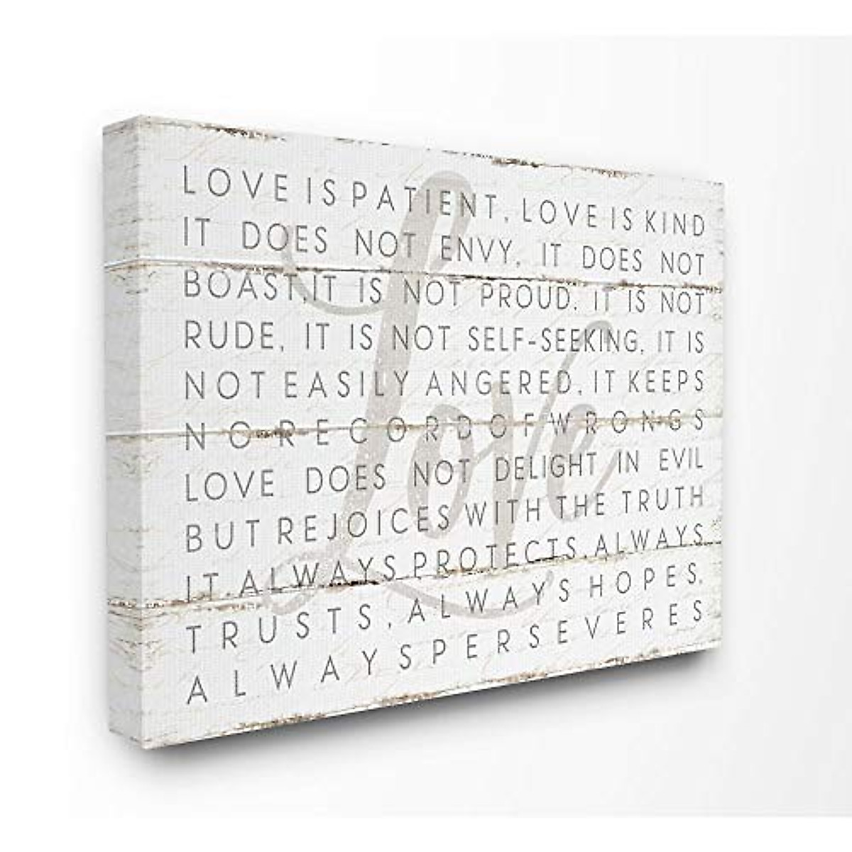 The Stupell Home Décor Collection Love Is Patient Grey on White Planked Look Canvas Wall Art, 16x20, Multi-Color