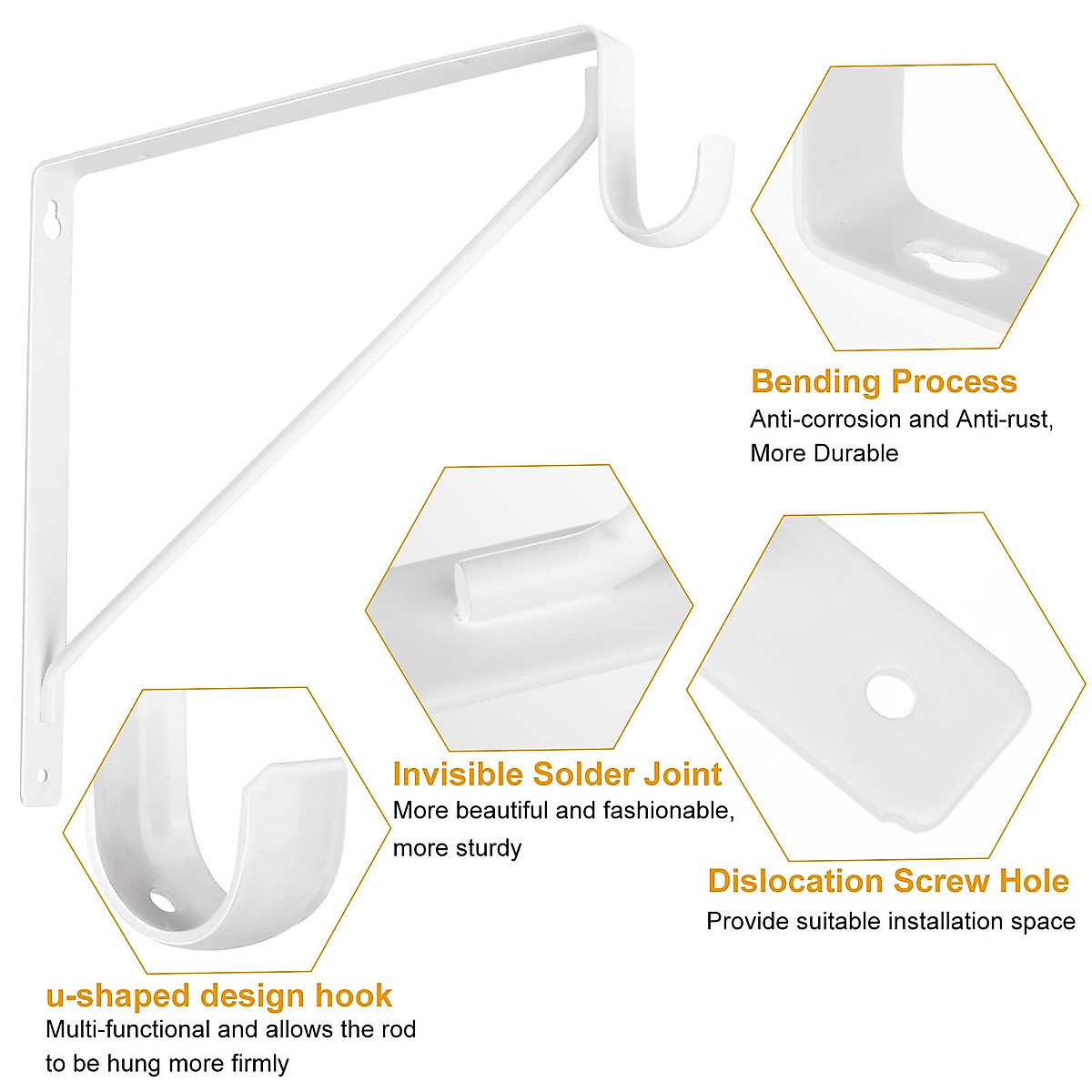 2 Pack Heavy Duty Closet Rod Brackets Holder 11 x 11 x 1 Inch, White Closet Rod Support Bracket Steel Closet Rod Holders for Hanging Clothes, Wall Mounted Shelf and Rod Support Brackets with Screws