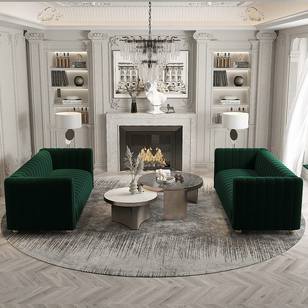 ANTTYBALE Tufted Couch Chesterfield Velvet Sofa Upholstered 81" W 3-Seater Comfy Sofa for Living Room, Bedroom, Office, Apartment (Green 2pcs)