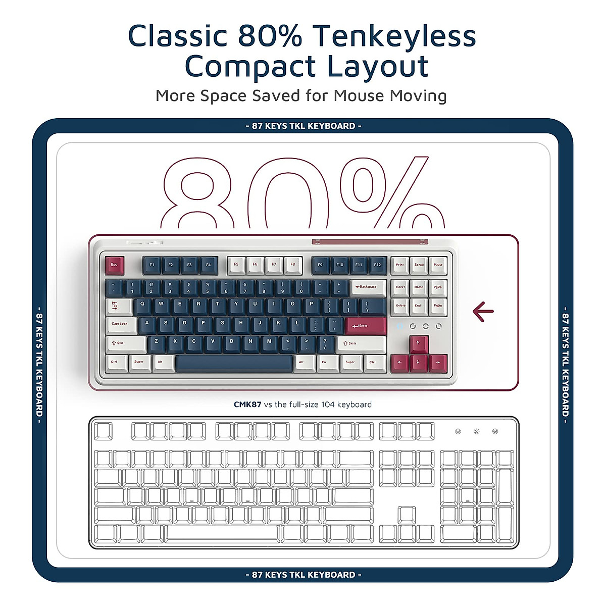 FL CMK87 80% TKL Wireless Mechanical Keyboard, Clear Tactile Kailh Box White, 87 Keys & PBT Keycaps, Rigid Programmable Rechargeable Hot-swap, Marvelous Retro