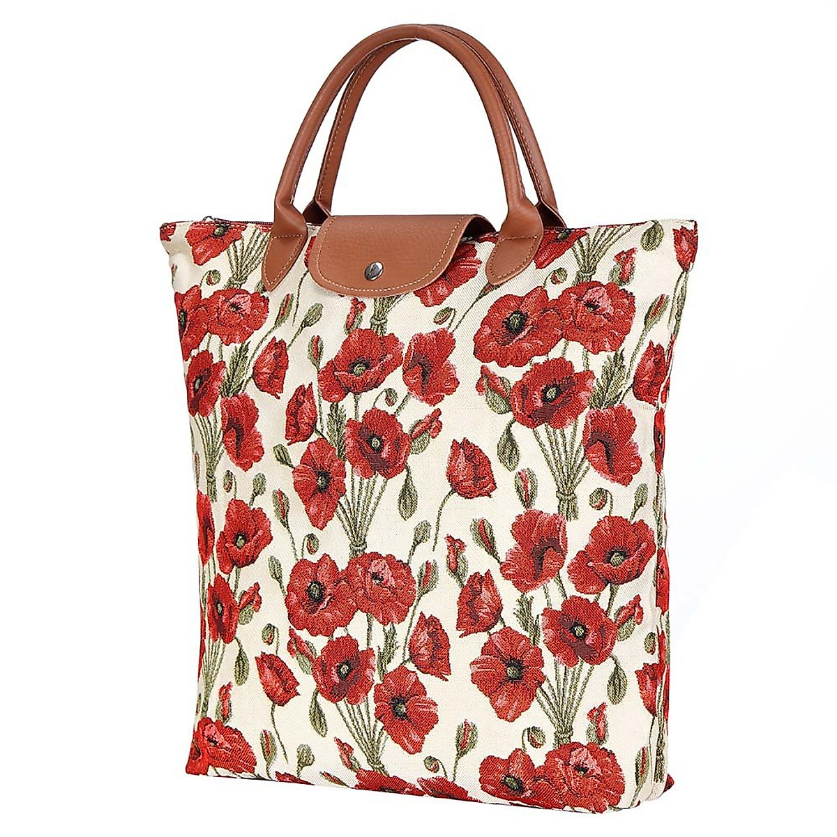 Signare Tapestry Foldable Tote Bag Reusable Shopping Bag Grocery Bag with Poppy Flower Design (FDAW-POP)