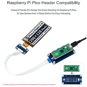 2.9inch Flexible E-Paper Display Module for Raspberry Pi Pico, 296×128 Resolution E-Ink Display Panel, Black/White Display Color, SPI Interface, Support Partial Refresh