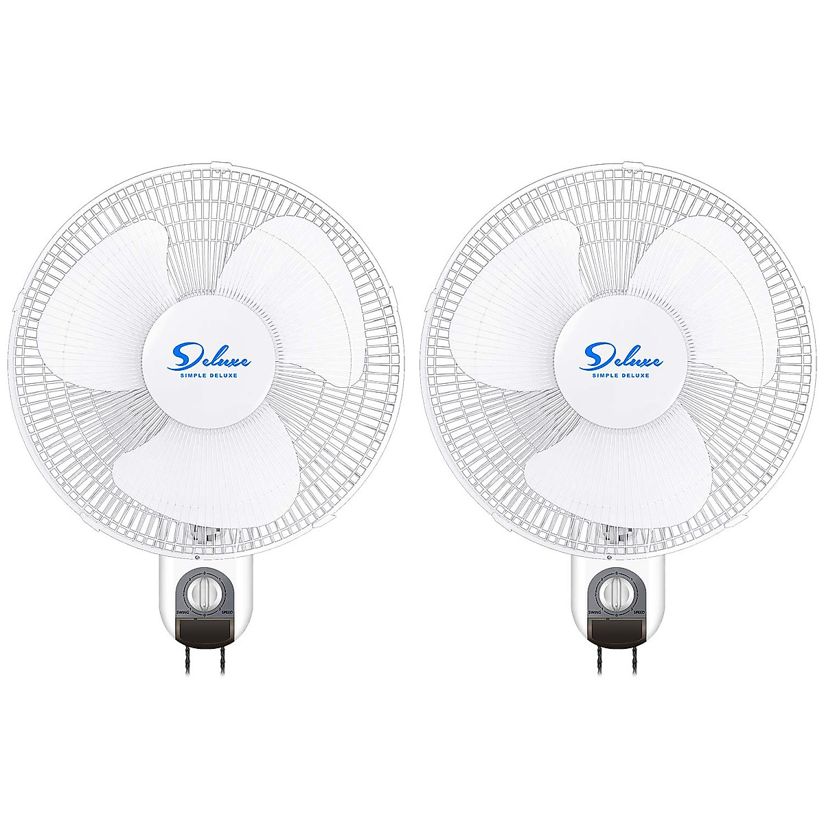 Simple Deluxe 16 Inch Digital Household Wall Mount Fans, Adjustable Tilt, 90 Degree, 3 Speed Settings, 2 Pack, White