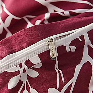 NANKO Burgundy Red Queen Duvet Cover Set White Floral Tree Branch Pattern Christmas 3pc Size 90x90 Microfiber Comforter Quilt Bedding Cover with Zip Ties - Modern Farmhouse for Men and Women Teen Girl